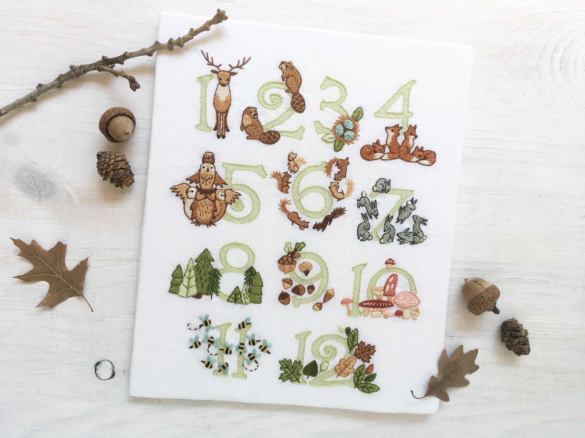 Woodland Numbers hand embroidery fabric sampler, forest animals nurser ...