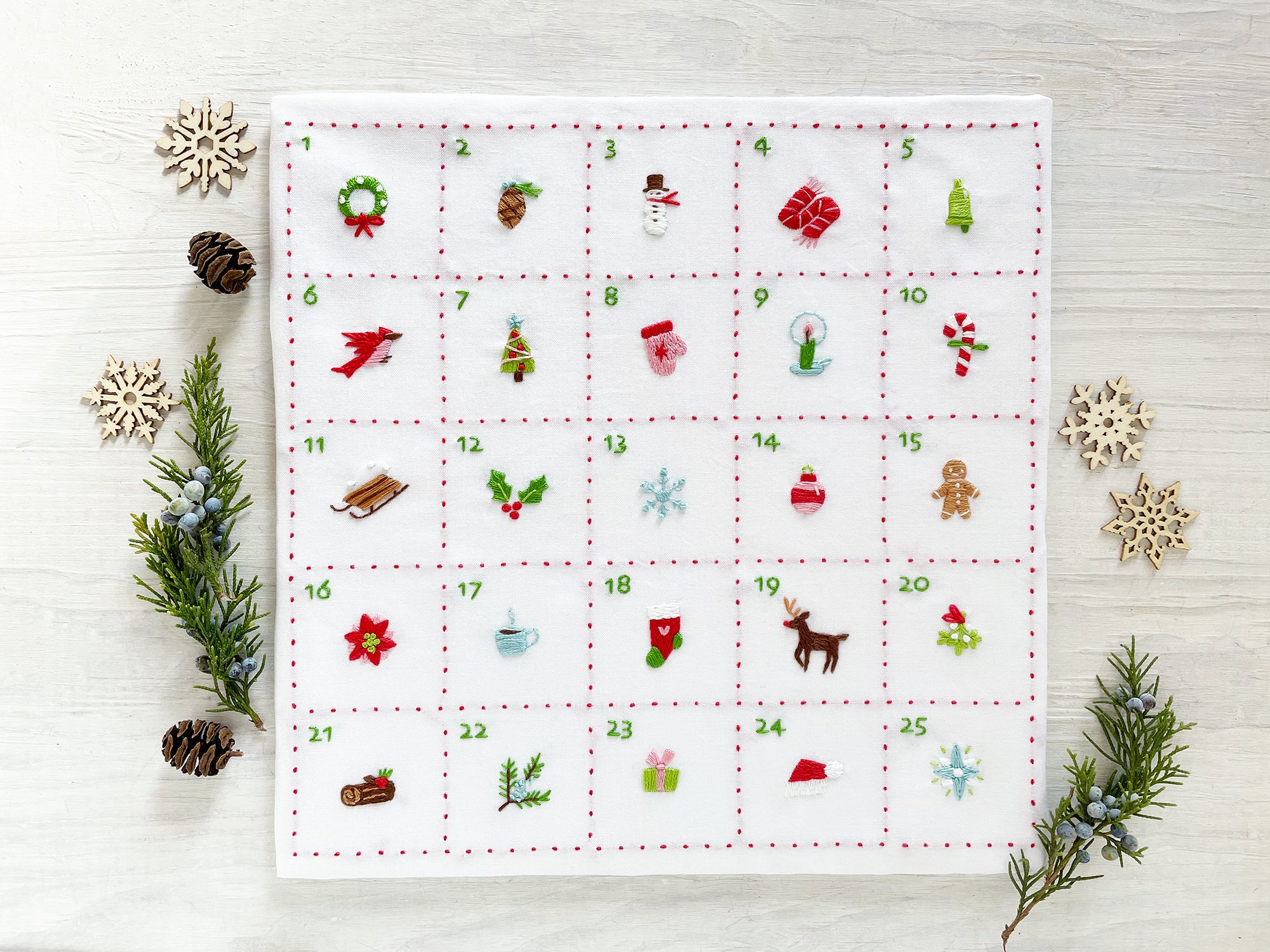 Tiny Christmas Motifs Hand Embroidery Advent Calendar printed fabric s ...