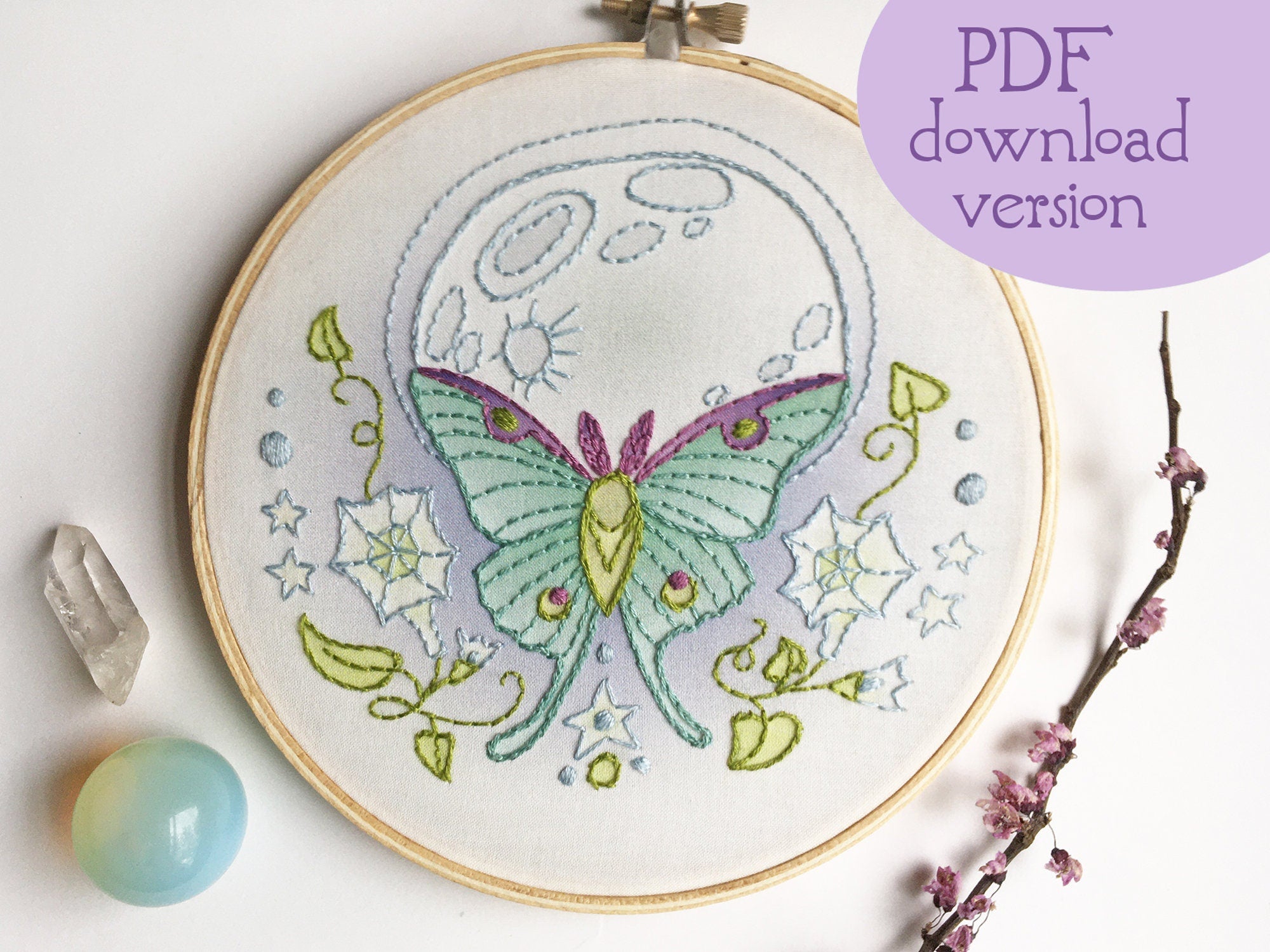 Luna Moth Butterfly Moon hand embroidery pattern download – Little Dear ...
